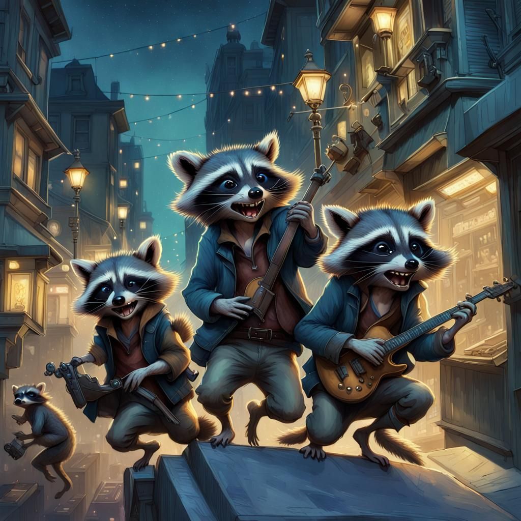 Busking raccoons 🎵🎸🎶 (👀 & a naughty raccoon is stealing the profits ...