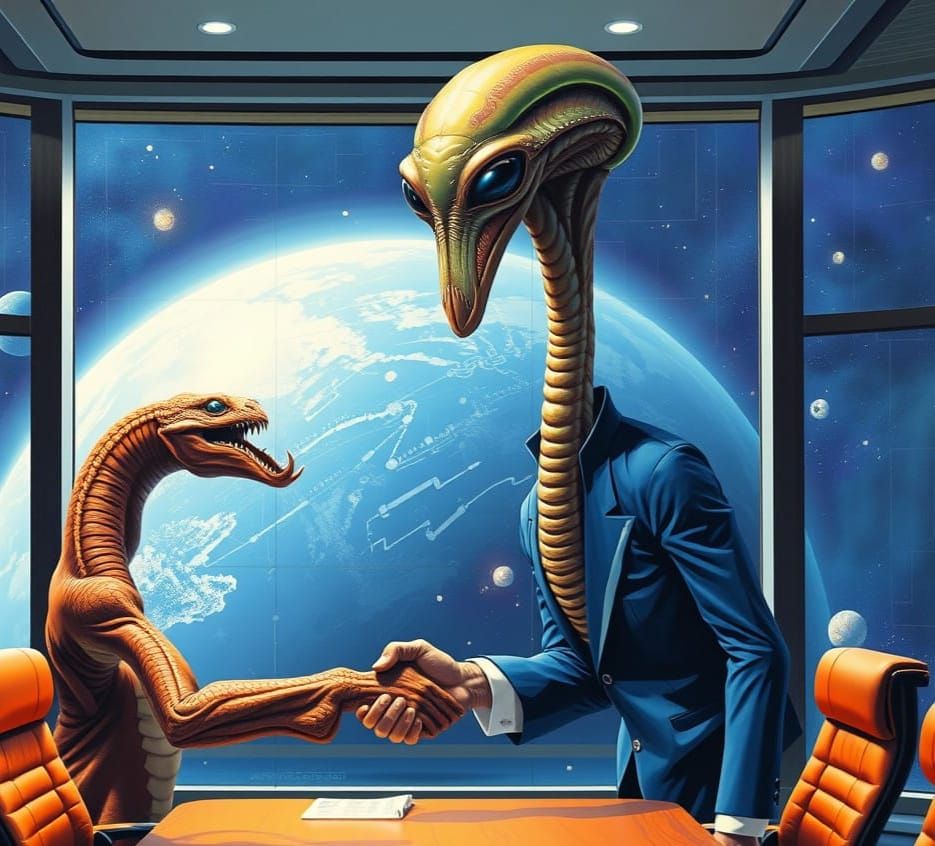 Portrait of an enormous bipedal snake-like alien, shaking hands with ...