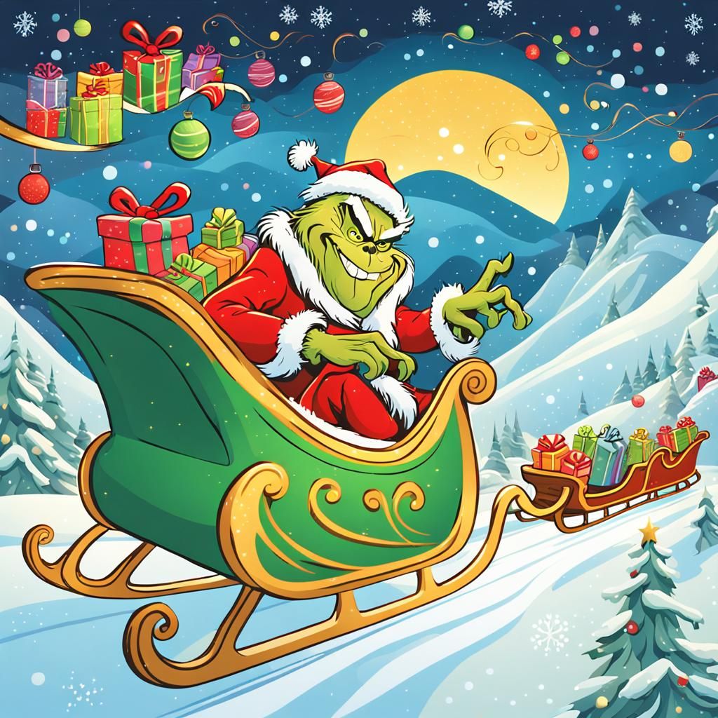 Grinch’s Sleigh Full of Stolen Joy: The Grinch riding a sleigh ...