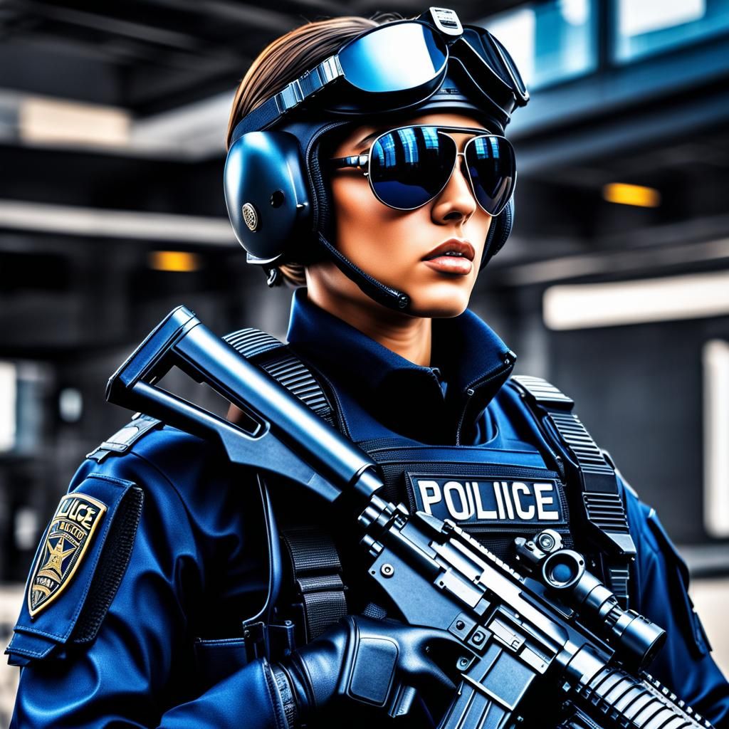 Police Officer android, aviator sunglasses, machine gun - AI Generated ...