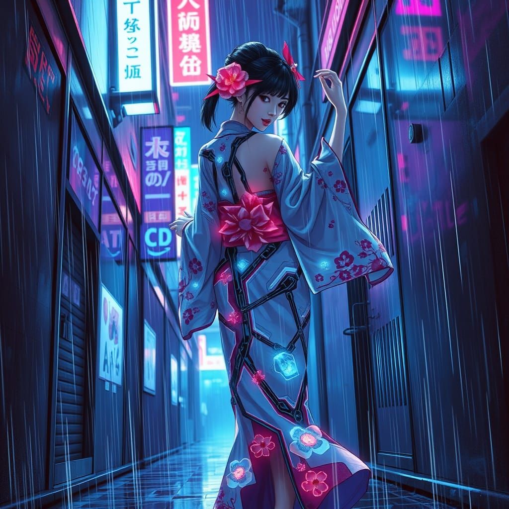 Cyborg Geisha Dances in Futuristic Tokyo Alleyway - AI Art