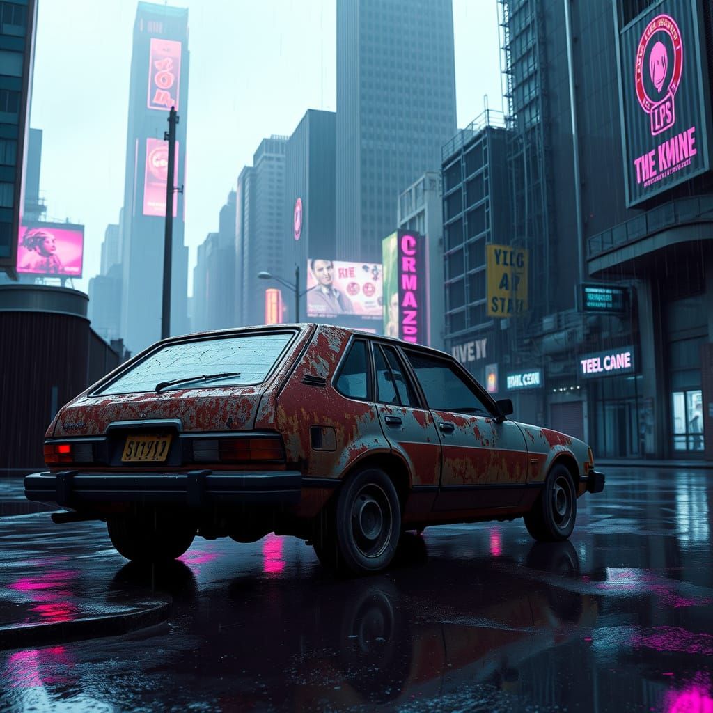 Cyberpunk Cityscape with Faded Hatchback - AI Art