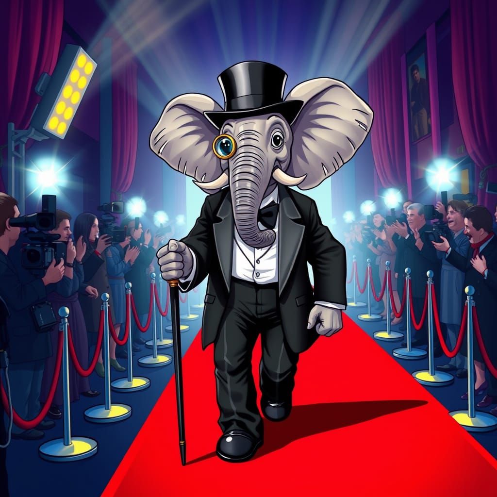 Elephant in a tuxedo and top hat, monocle and cane walking the red ...