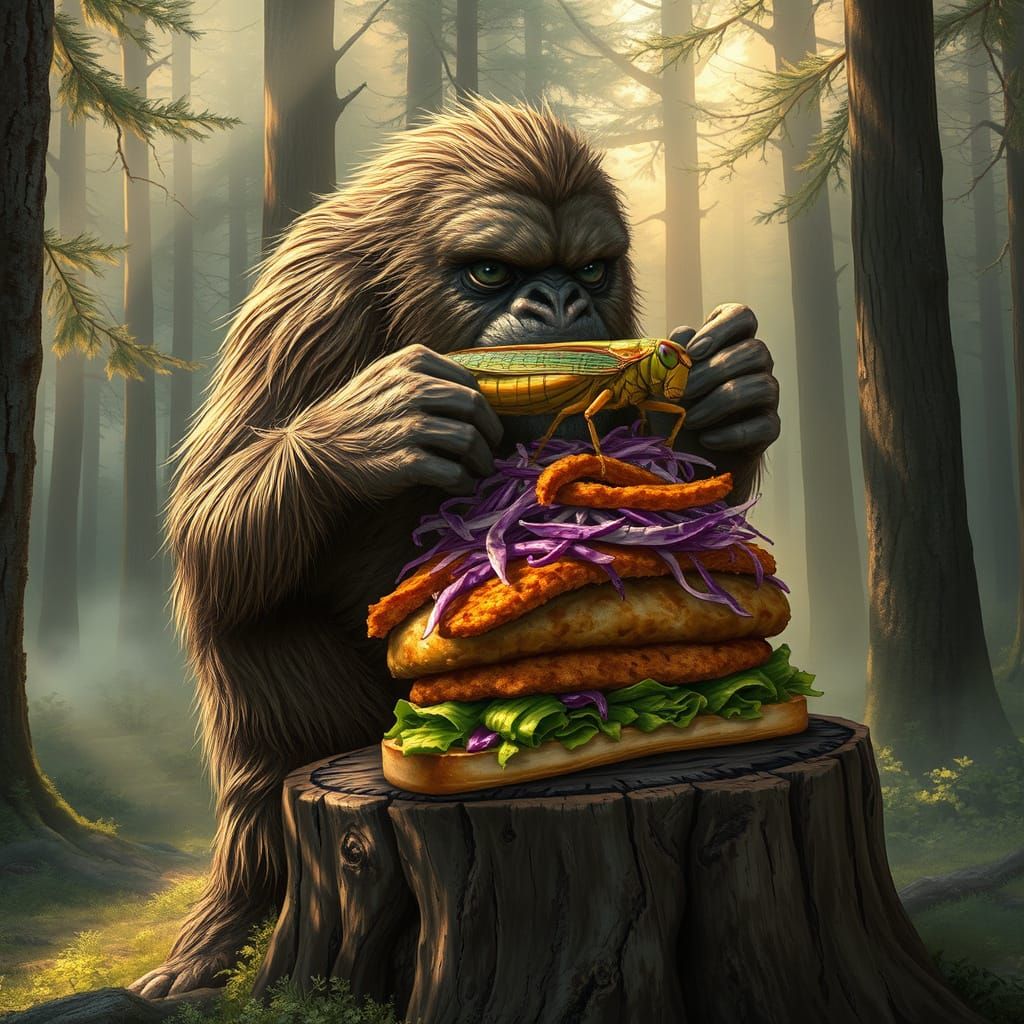 A Sasquatch eats a giant bug sandwich