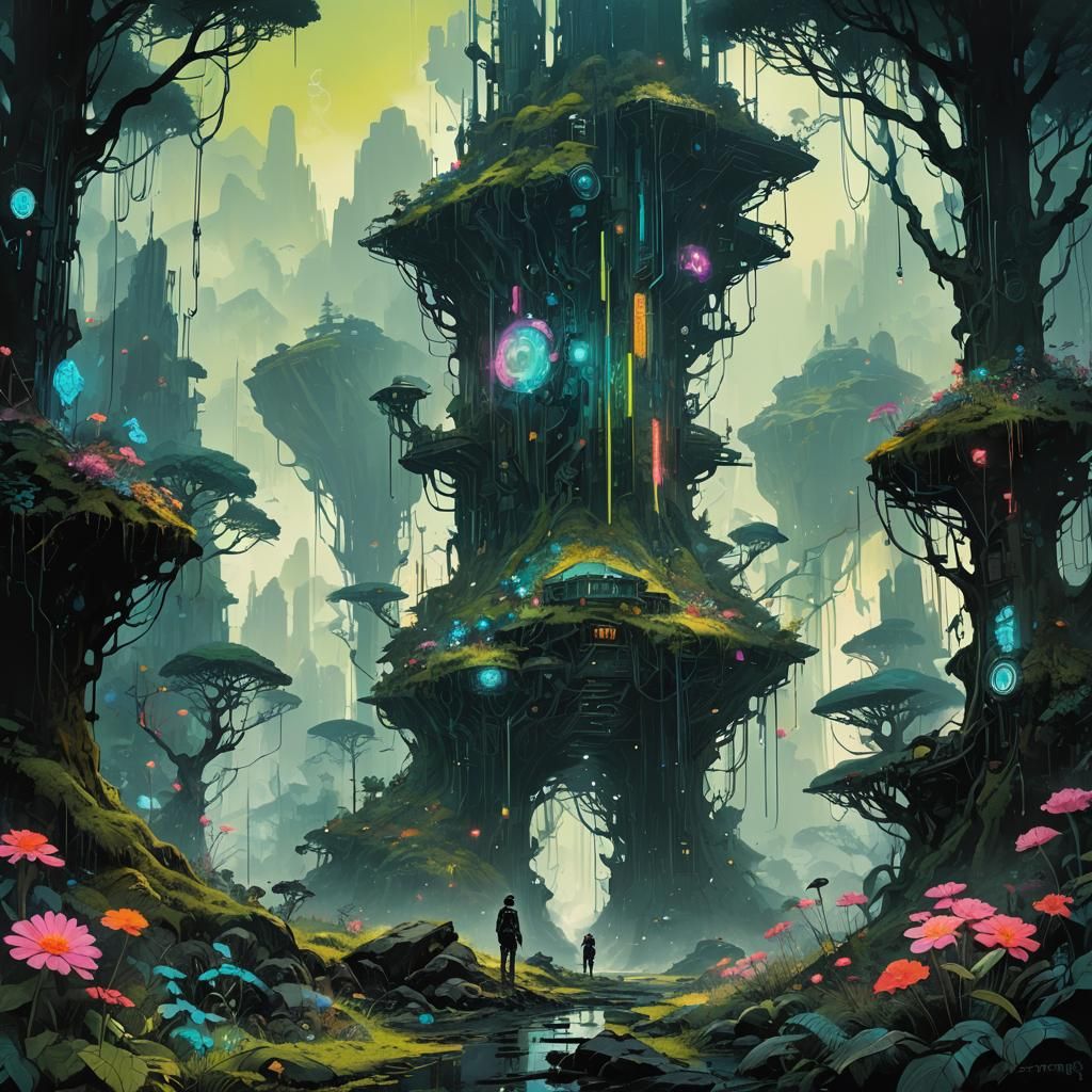 Beautiful neon Biopunk forest with cyborg trees - AI Generated Artwork ...