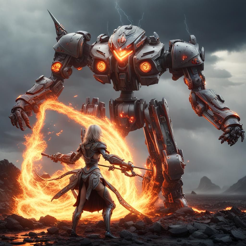 A beautiful sorceress fighting giant evil robot. - AI Generated Artwork ...