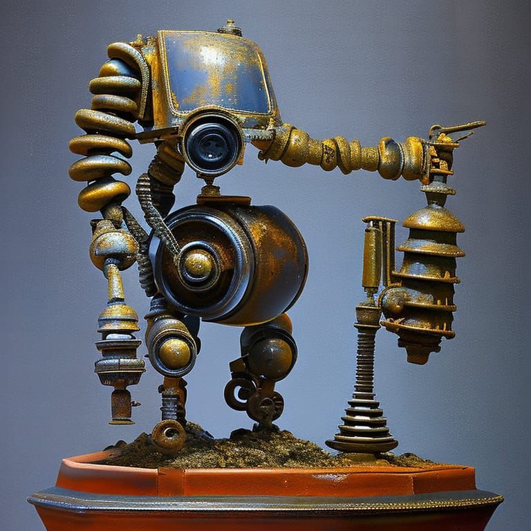 rusty robot built from junk. rust corrosion, , photorealism, surrealism ...