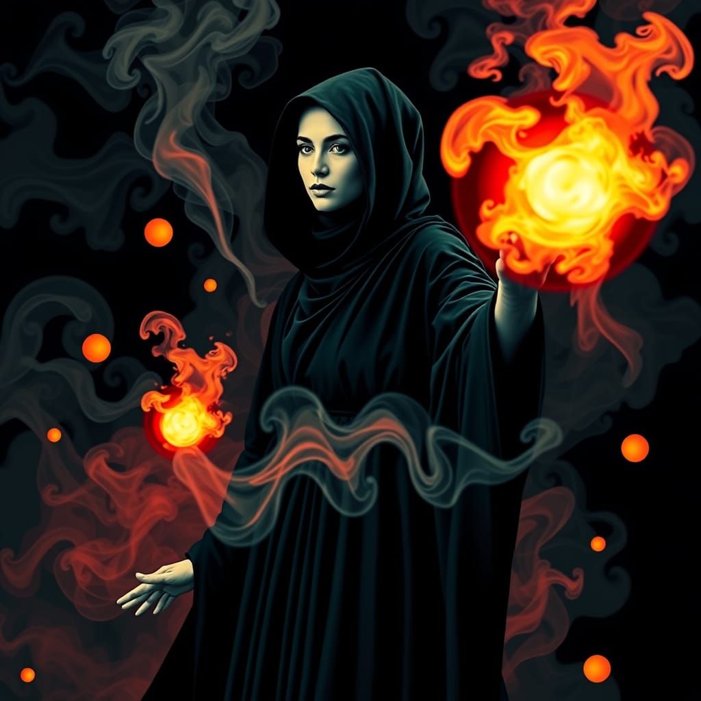 Surreal Sorceress Enveloped in QR Code Fire and Sm... - AI Art