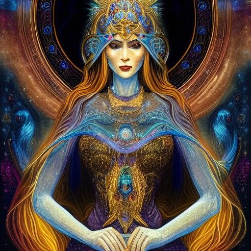 Full-body image of glorious holy priestess of delirium dressed in ...