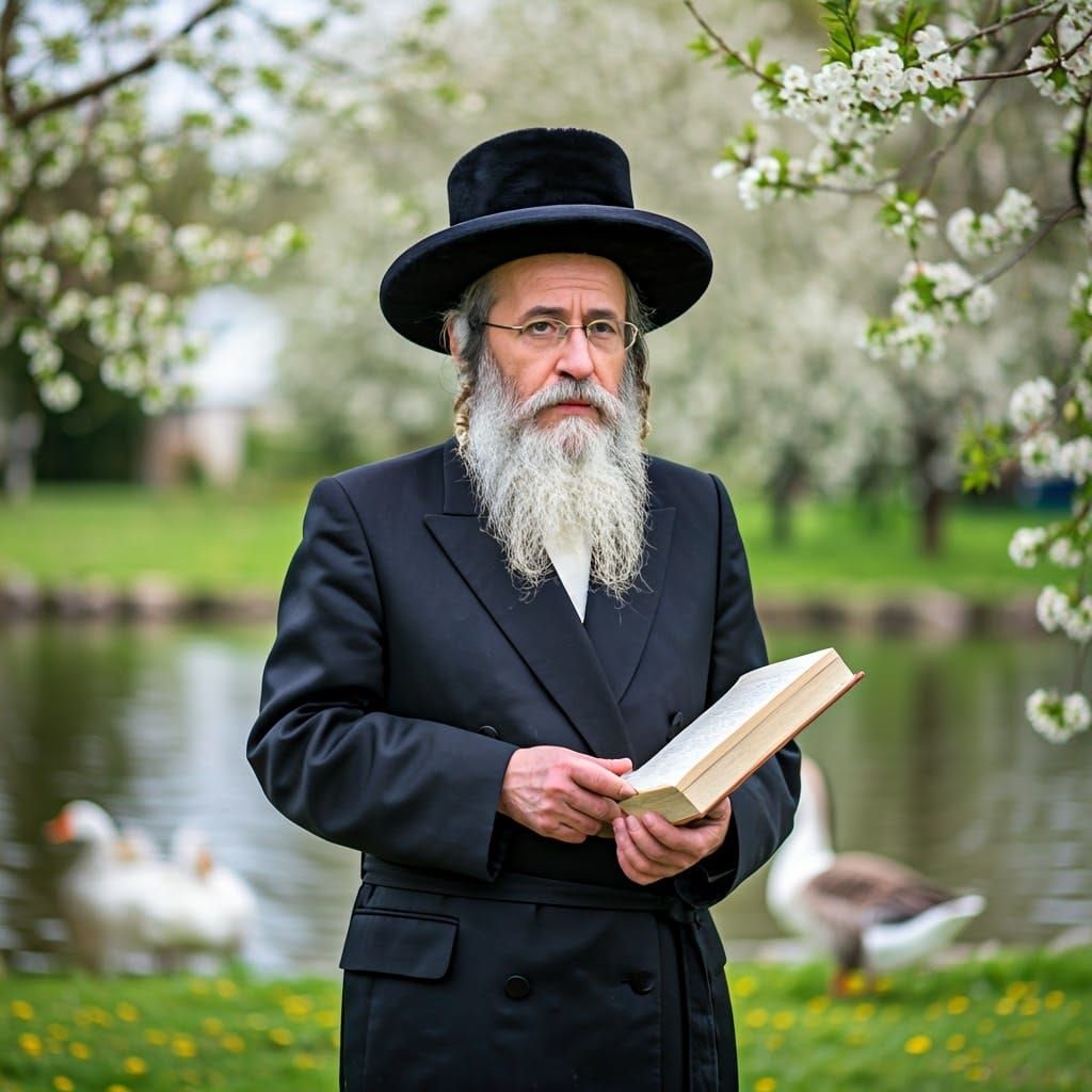 An ultra-Orthodox Hasidic Jew with an ancient script stands among ...