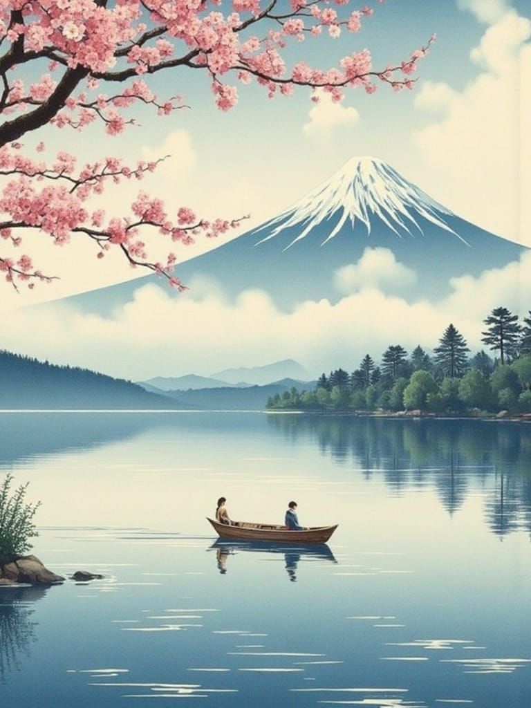 Surreal Japanese Woodblock Print of Mount Fuji and... - AI Art