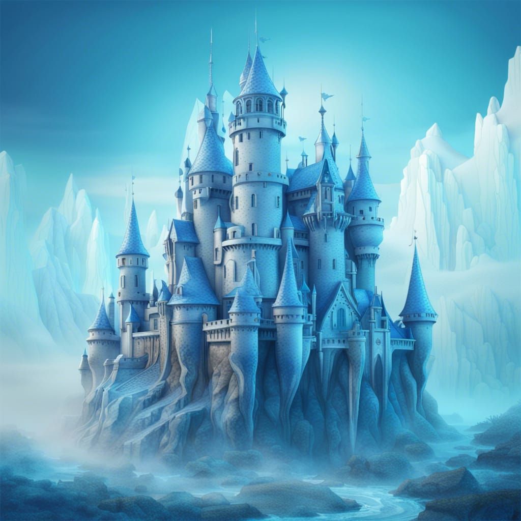 watercolor whimsical castle with mist (ice blue hues) - AI Generated ...