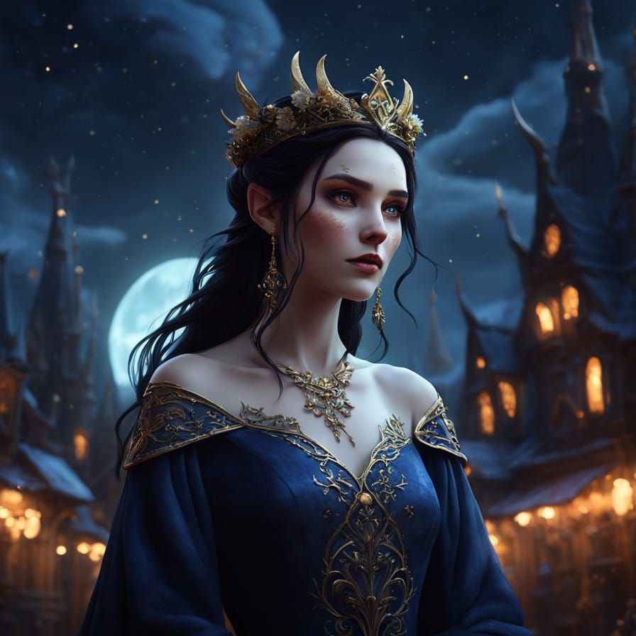 Enchanted Fae Maiden in Dark Blue Velvet Gown - AI Art