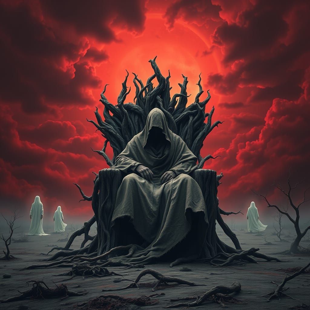 God's Forgotten Throne in a Desolate, Blood-Red Sk... - AI Art