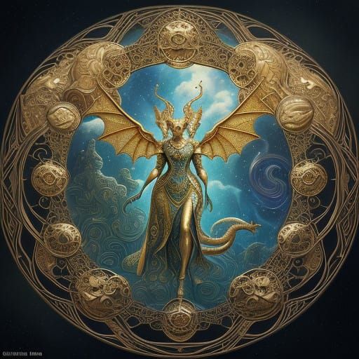 Gustav Klimt-Inspired Family of Dragon-Mice in Whi... - AI Art