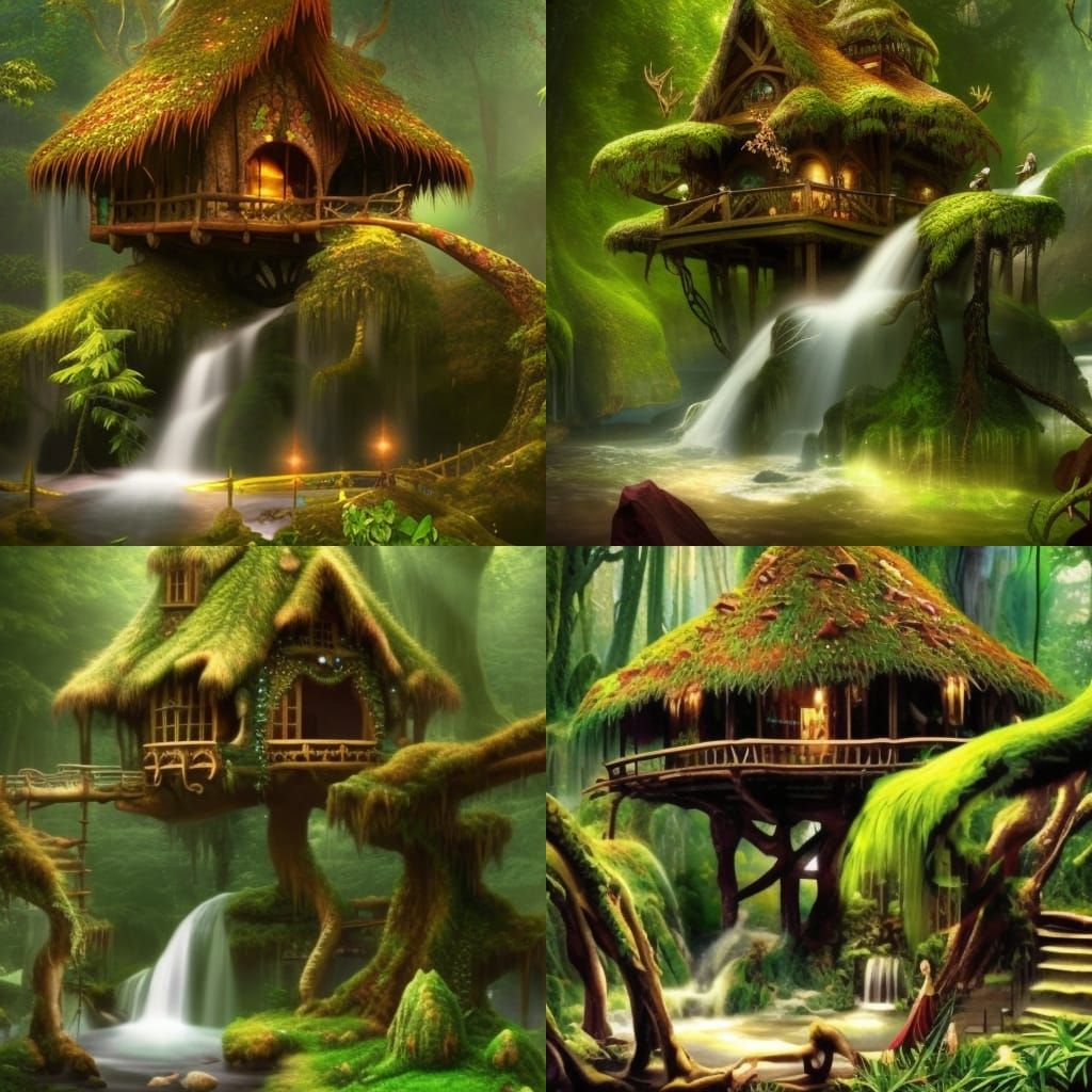 Beautiful, elven forest treehouse with waterfall... - AI Generated ...