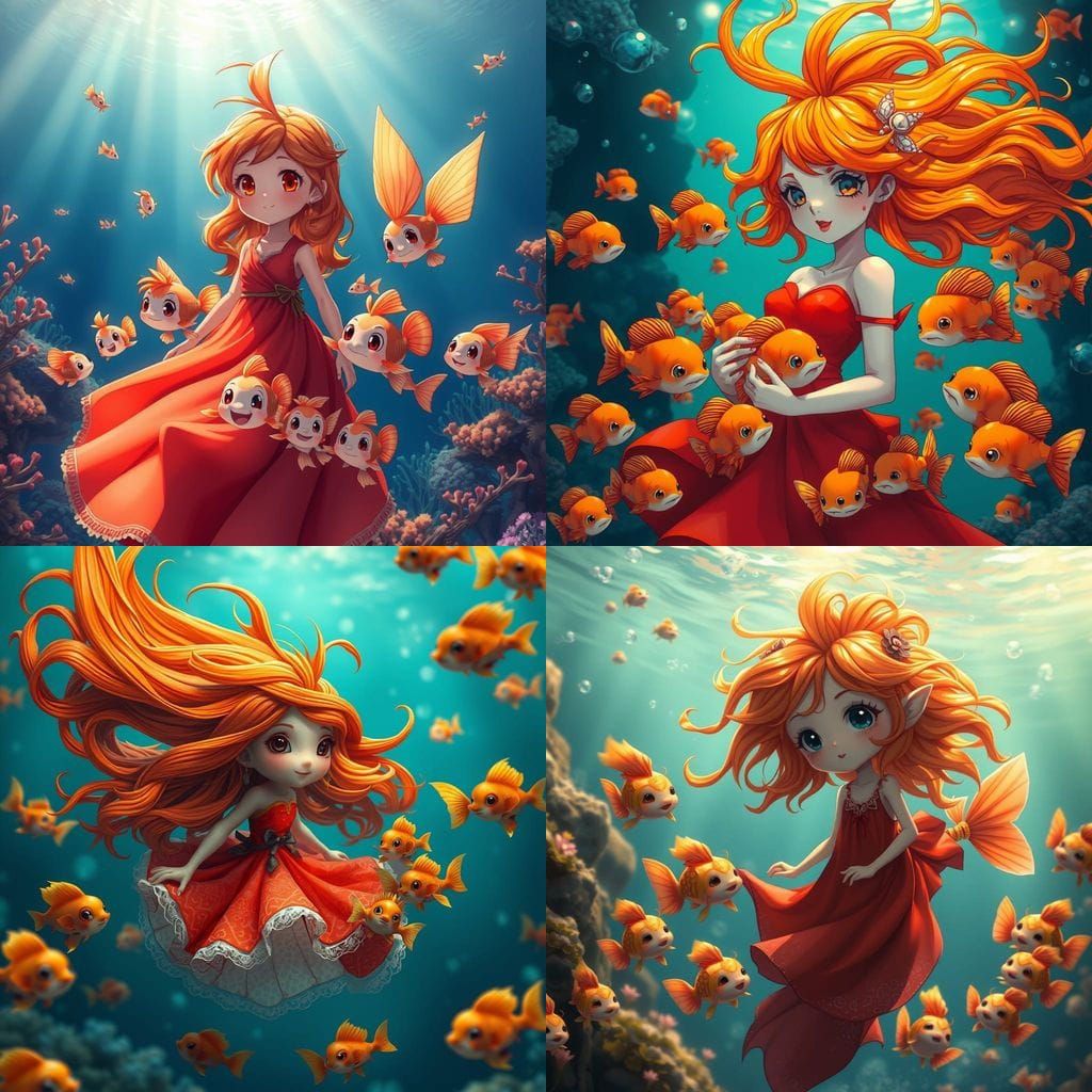 Surreal Fish Goddess with Vibrant Red Dress and Or... - AI Art