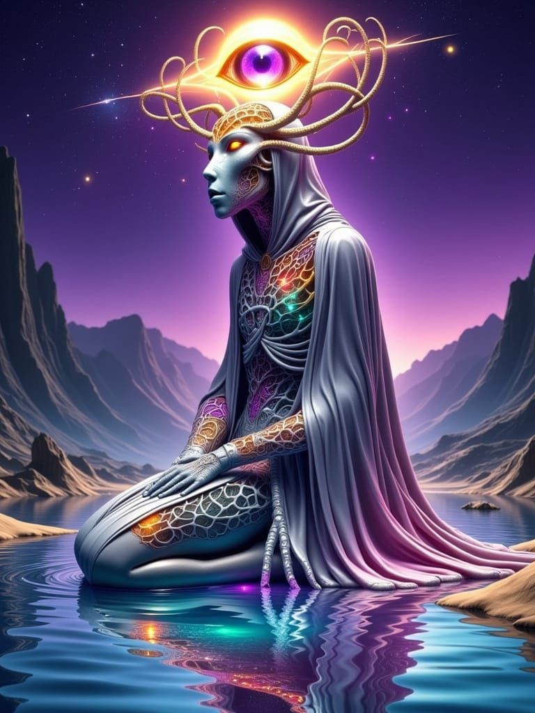 A surreal, visionary digital painting of an alien god-like being ...