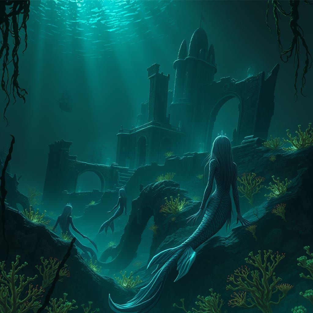 Ancient Ocean Citadel with Undine Mermaids in a Bi... - AI Art