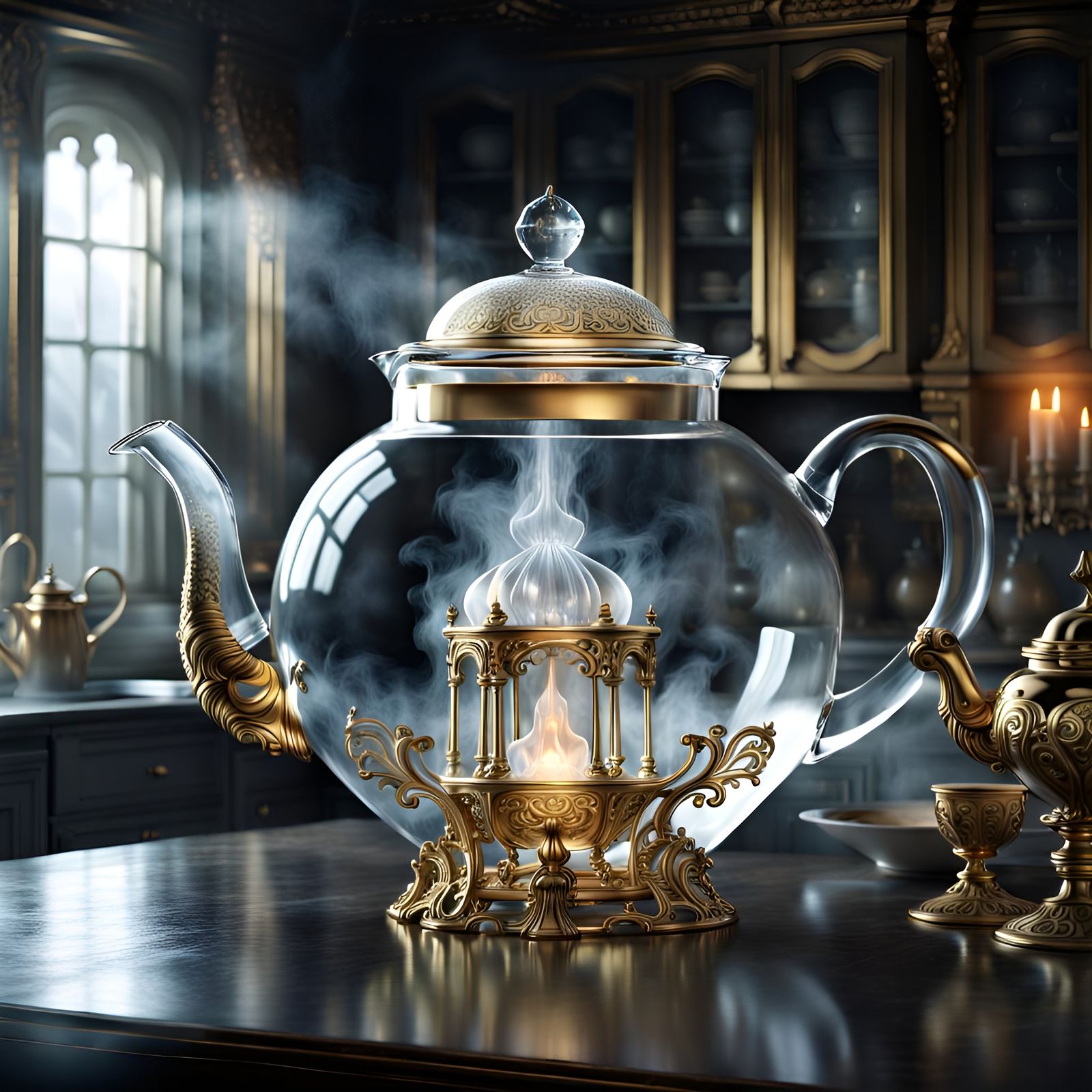 Elegant Ghostly Teapot in a Haunted Kitchen