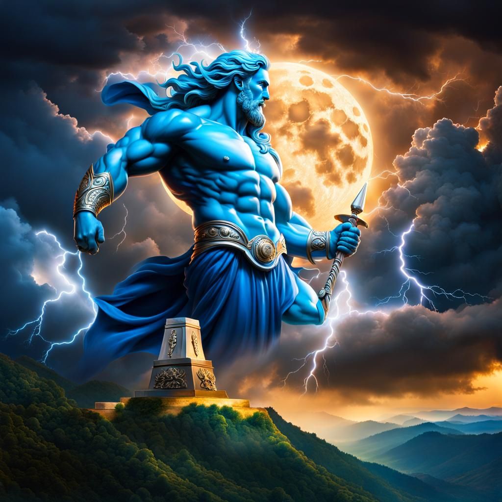 “Mythical Zeus God of Thunder Lightning Rain Winds holding his ...