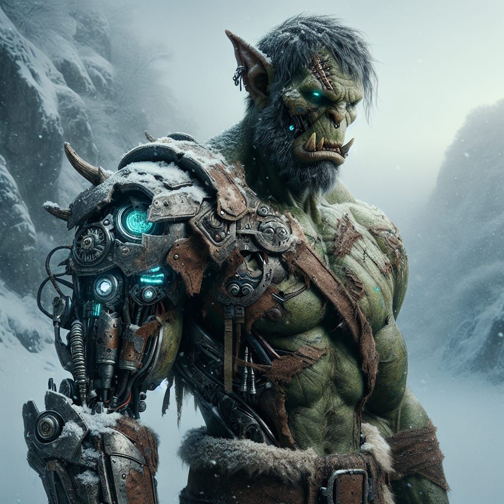 Cybernetic Orc Warrior in Winter Landscape Digital... - AI Art