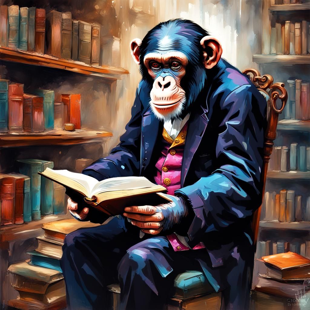Chimpanzee in Victorian costume reading a book in library, digital art ...