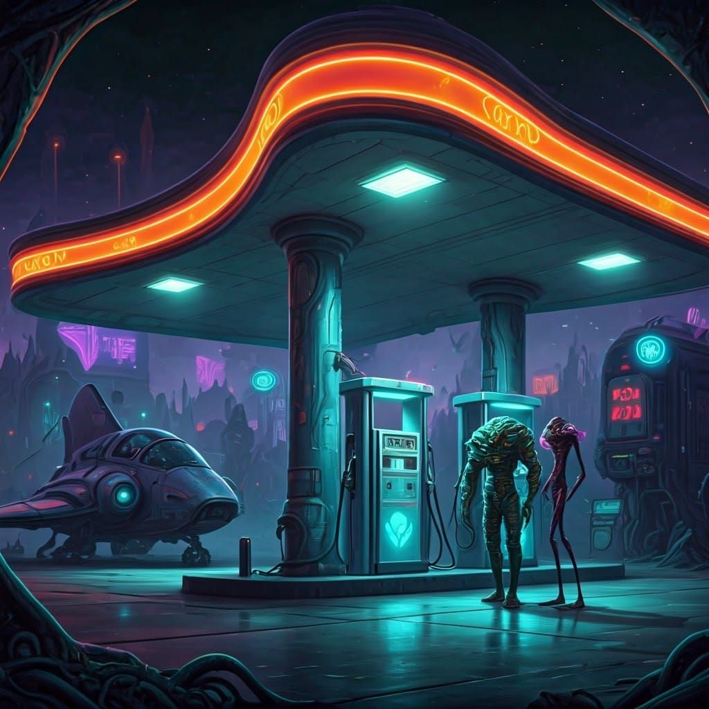 Surreal Futuristic Gas Station Scene in Neon Oil P... - AI Art