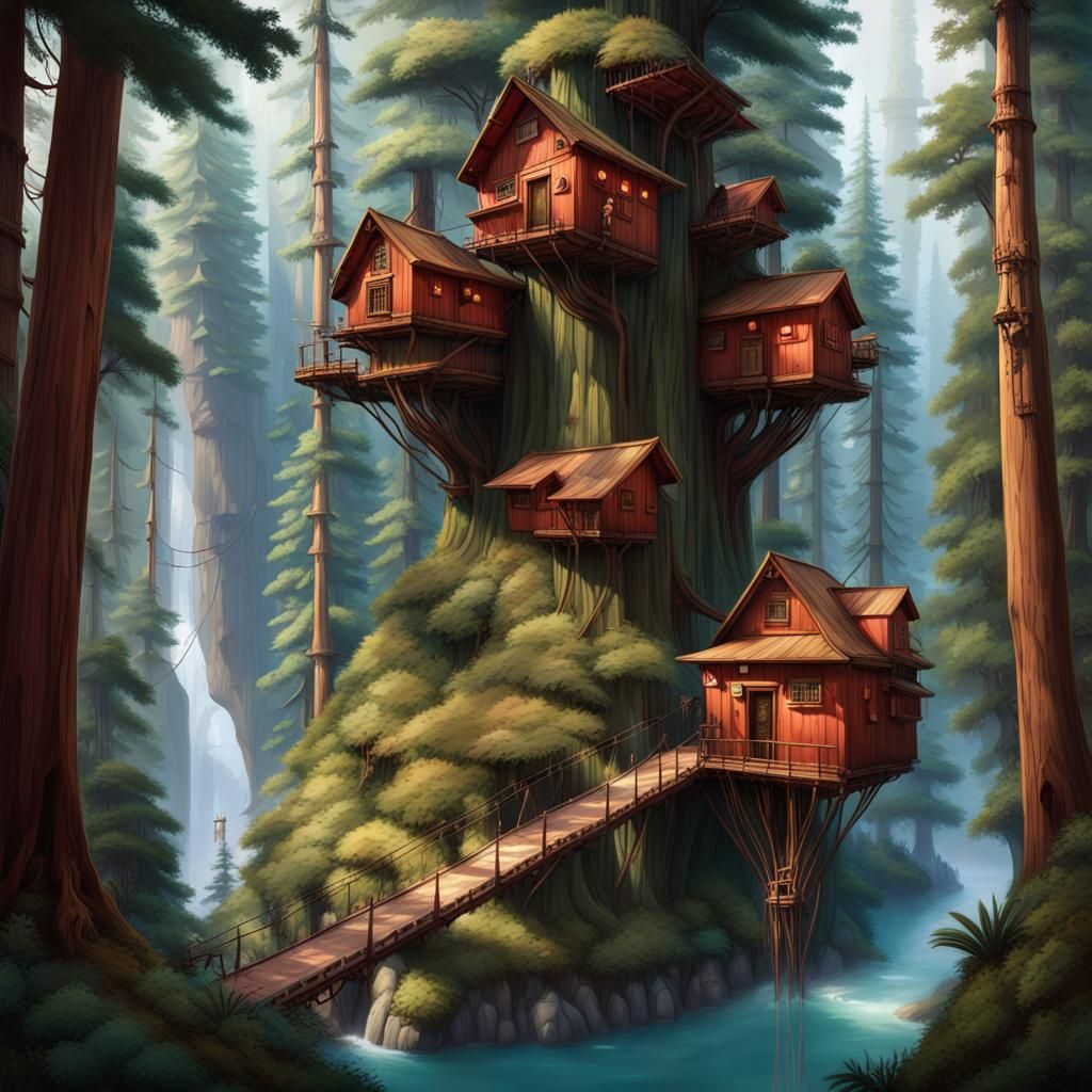 tree city of Endor,many huts Built into the majestic trees high above ...