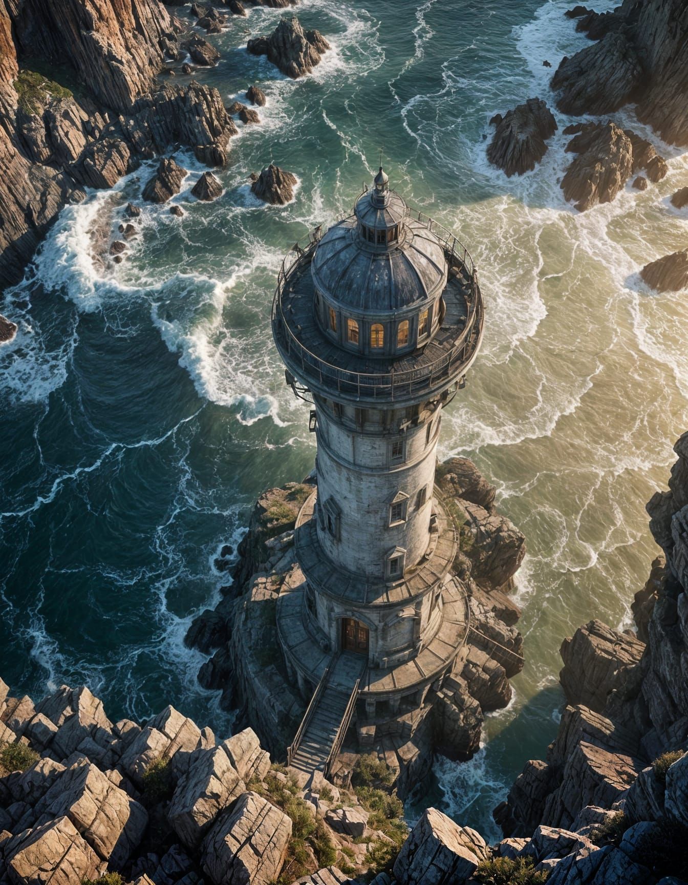 Grainy film still. Medium shot. A lone lighthouse keeper stands ...