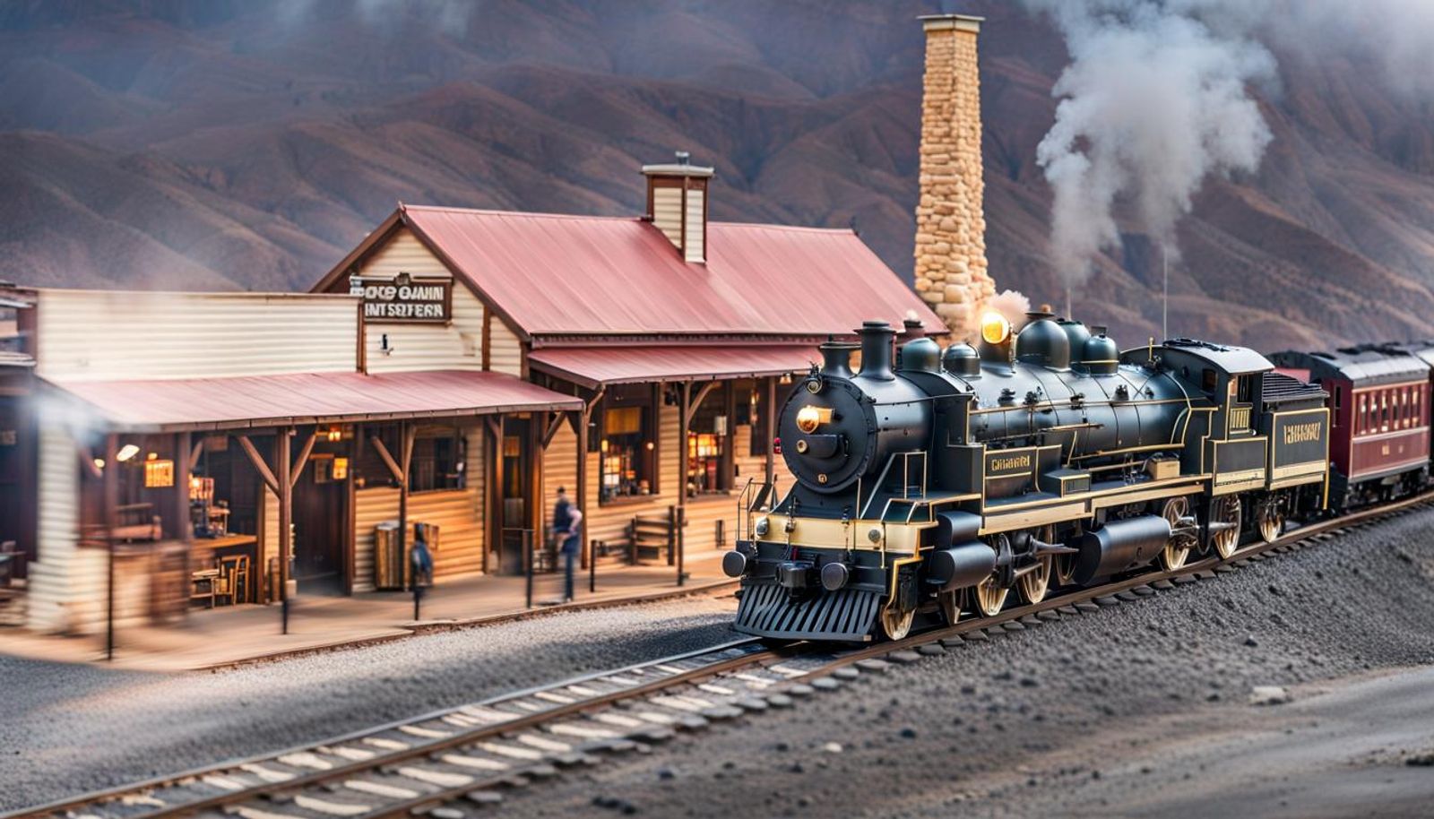 A western steam train passing through an old West town, desert and ...