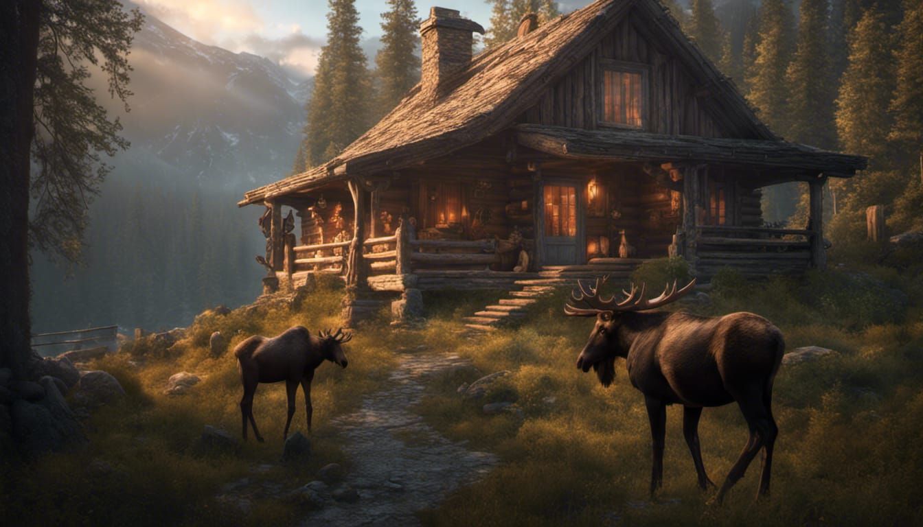 Log cabin with moose outside, Epic cinematic brilliant stunning intricate meticulously detailed ...