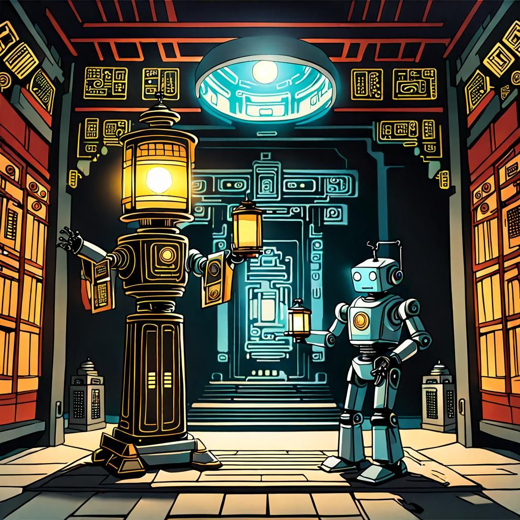 Cyberpunk Robot Illuminates Ancient Mainframe Shri... - AI Art