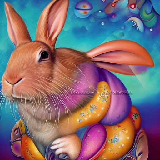 Vibrant Surrealist Oil Painting of a Rabbit with W... - AI Art