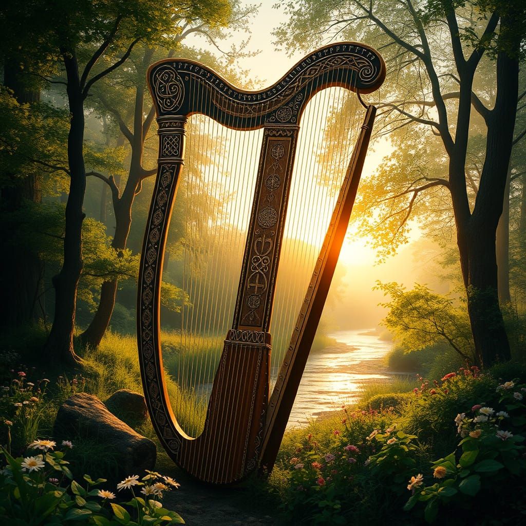 Hyperrealistic Ancient Irish Harp in a Celtic Fore... - AI Art