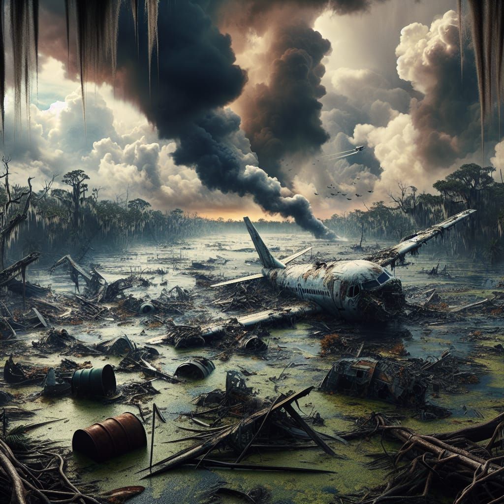 Florida Swamp Plane Crash Scene in Dramatic Digita... - AI Art