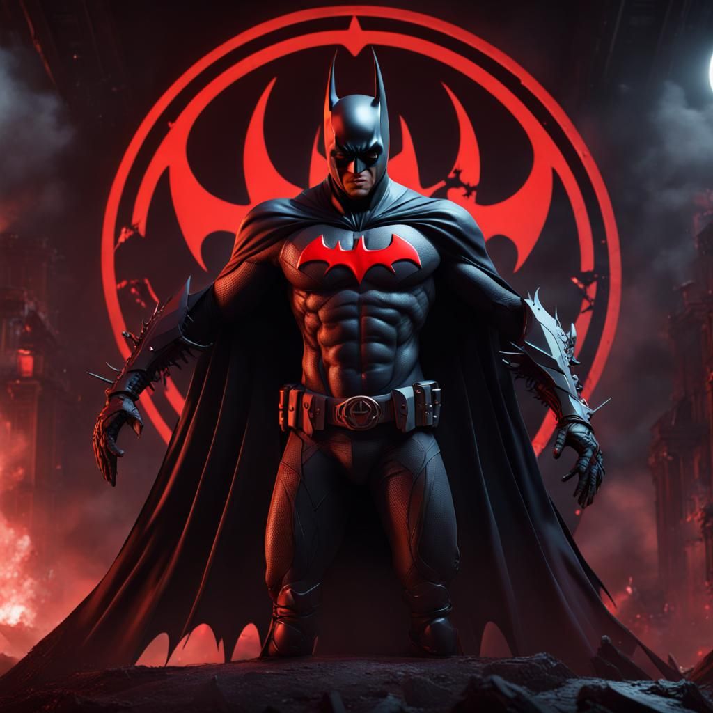 Demonic black man Batman with black and red costume with pentagram bat ...