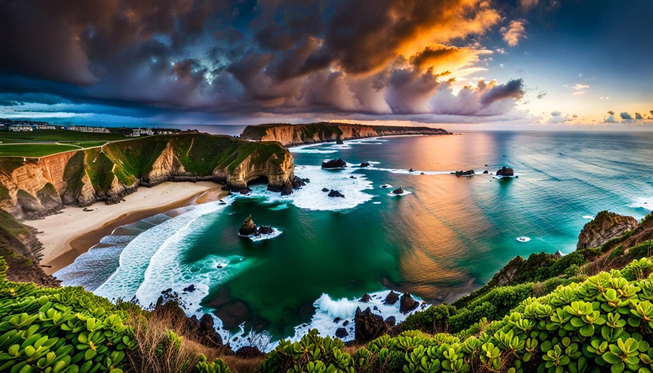 photo from the beach of a beautiful oceanside scene, with stormy ...