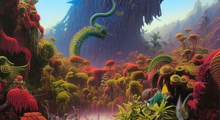 A whimsical and fantastical illustration of alien planet teeming with ...