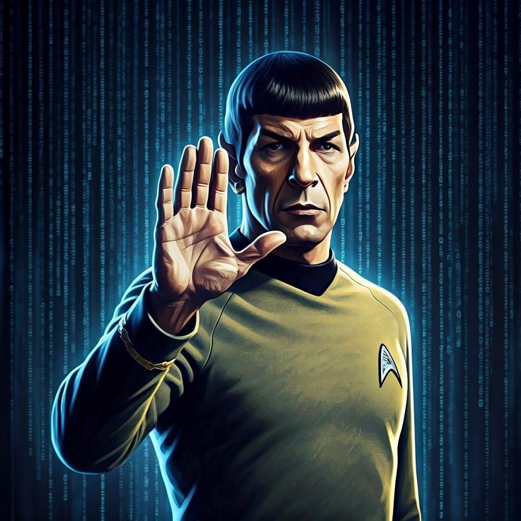 electric blue matrix letters and symbols digital rain as Leonard Nimoy ...