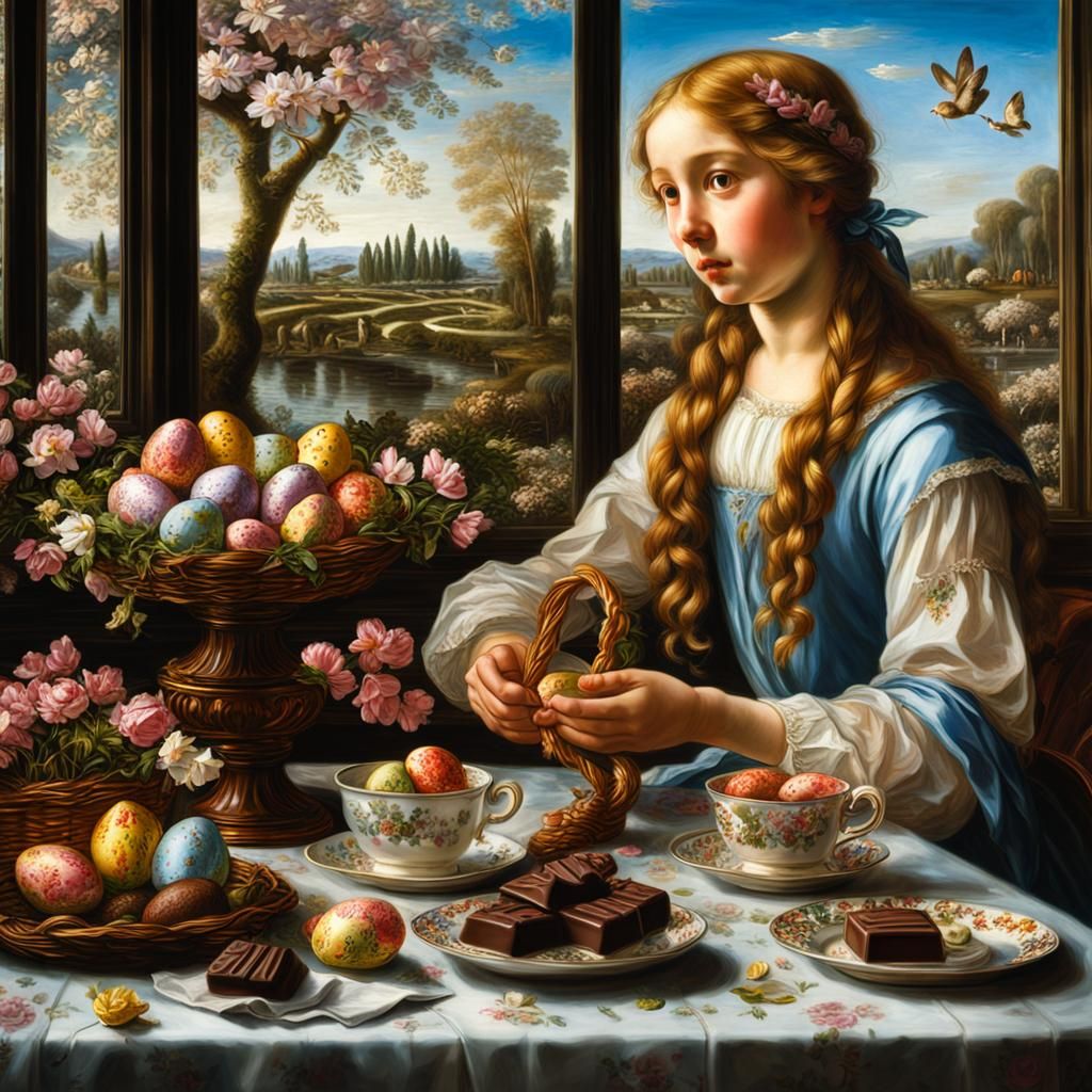 botticelli, spring, Easter, chocolate, monet, manet - AI Generated Artwork - NightCafe Creator