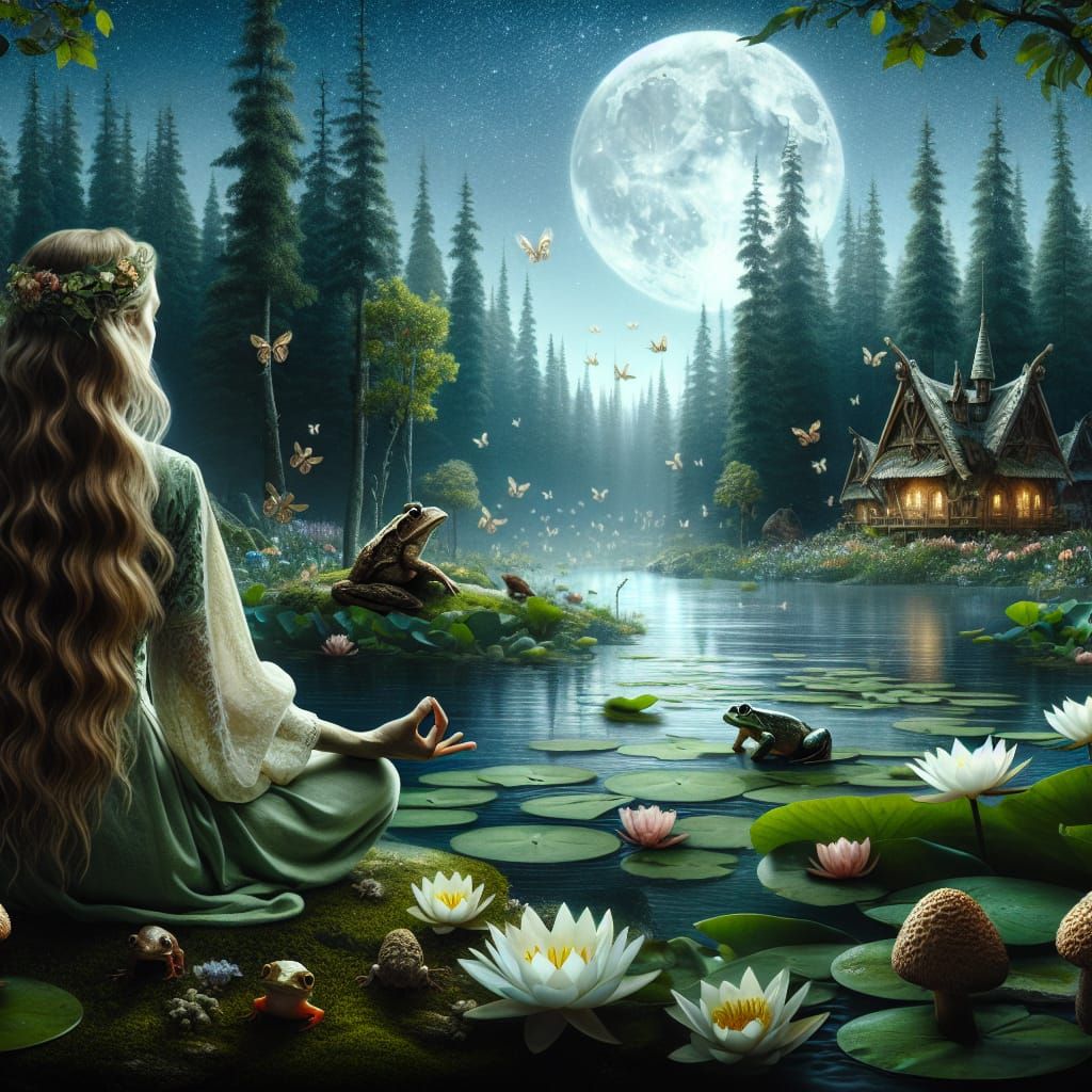 woman long wavy light brown hair, sitting meditating on the shores of a ...