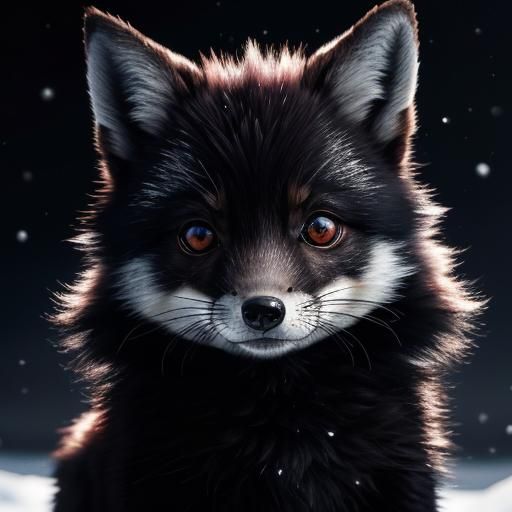 Close-up portrait of an adorable baby black-fox cub with glowing pink ...