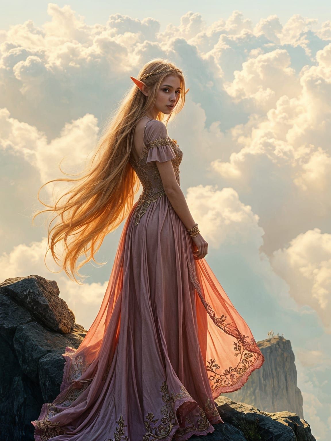 Ethereal Elven Princess in Pink and Gold - AI Art
