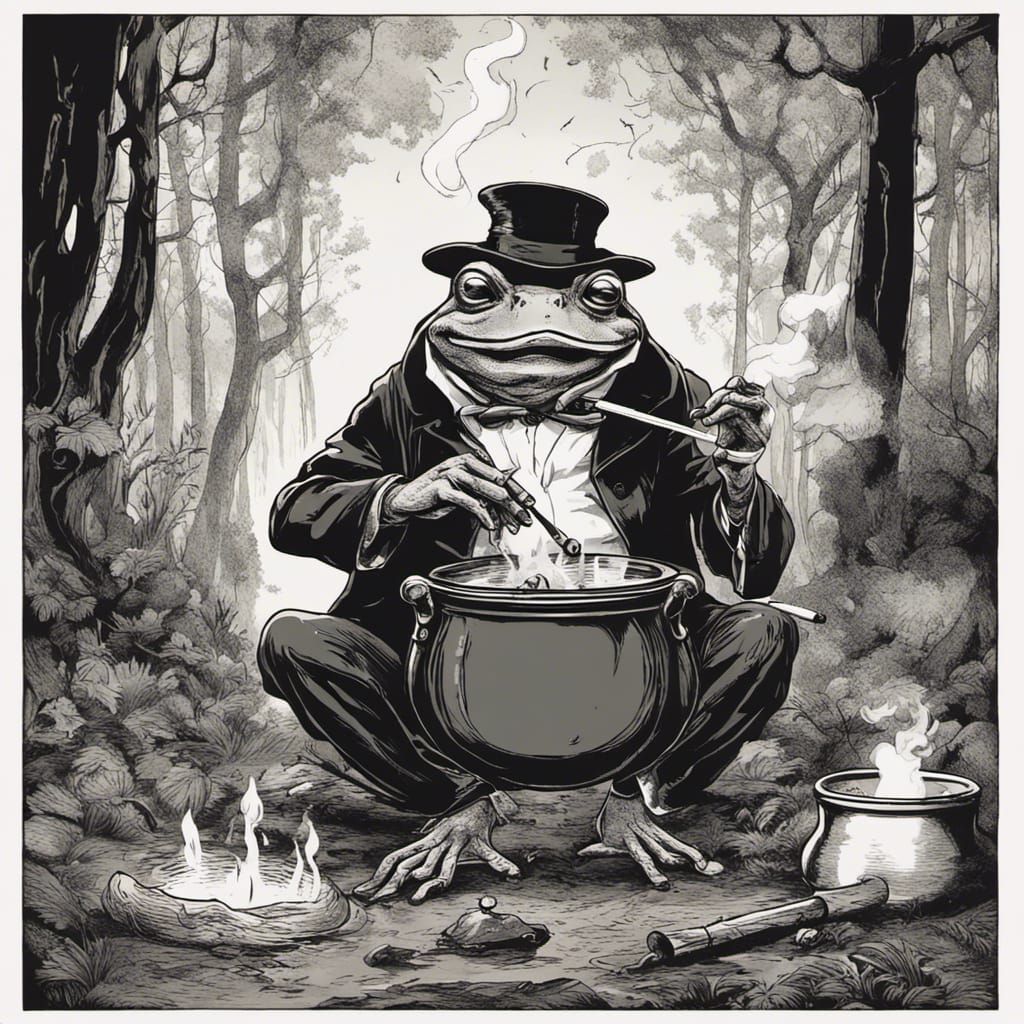 Venomous sophisticated frog smoking a cigarette in the woods with a ...