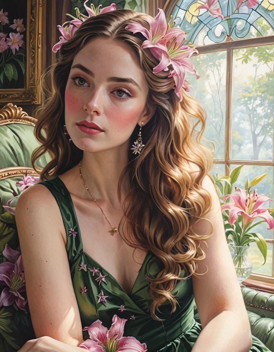 a single photo realistic woman wearing a forest green dress with star ...