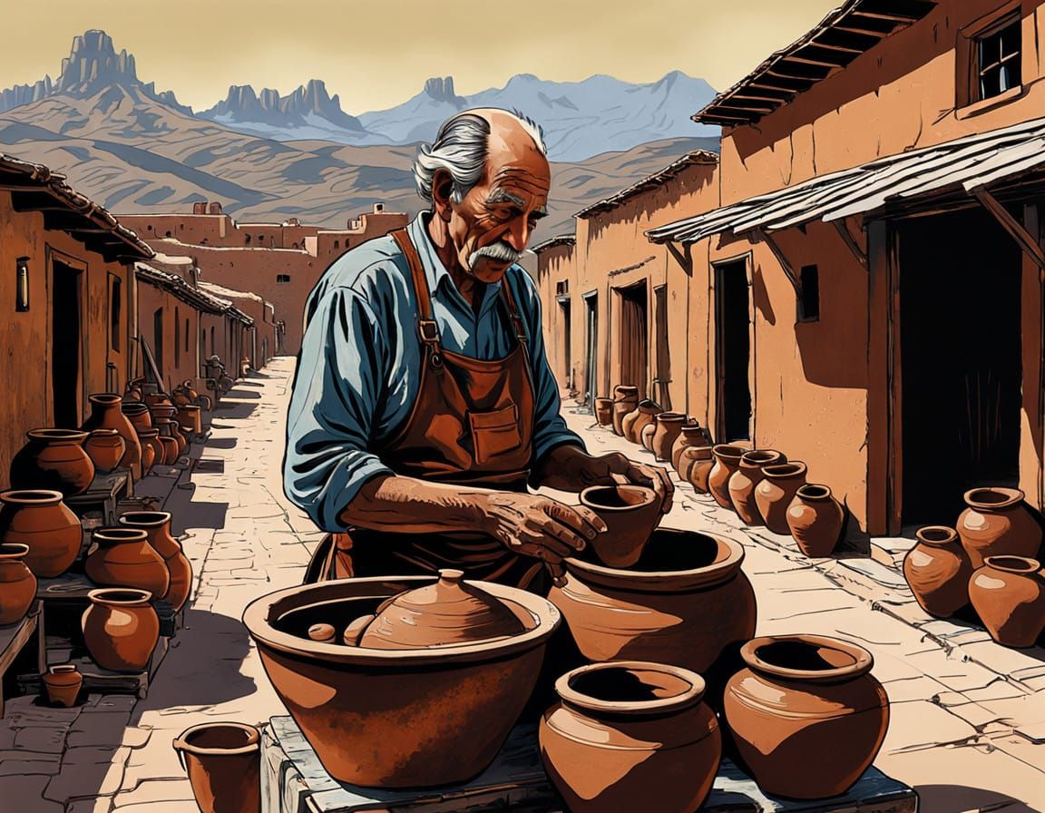 a potter showing his clay pots - a potter showing his clay p...