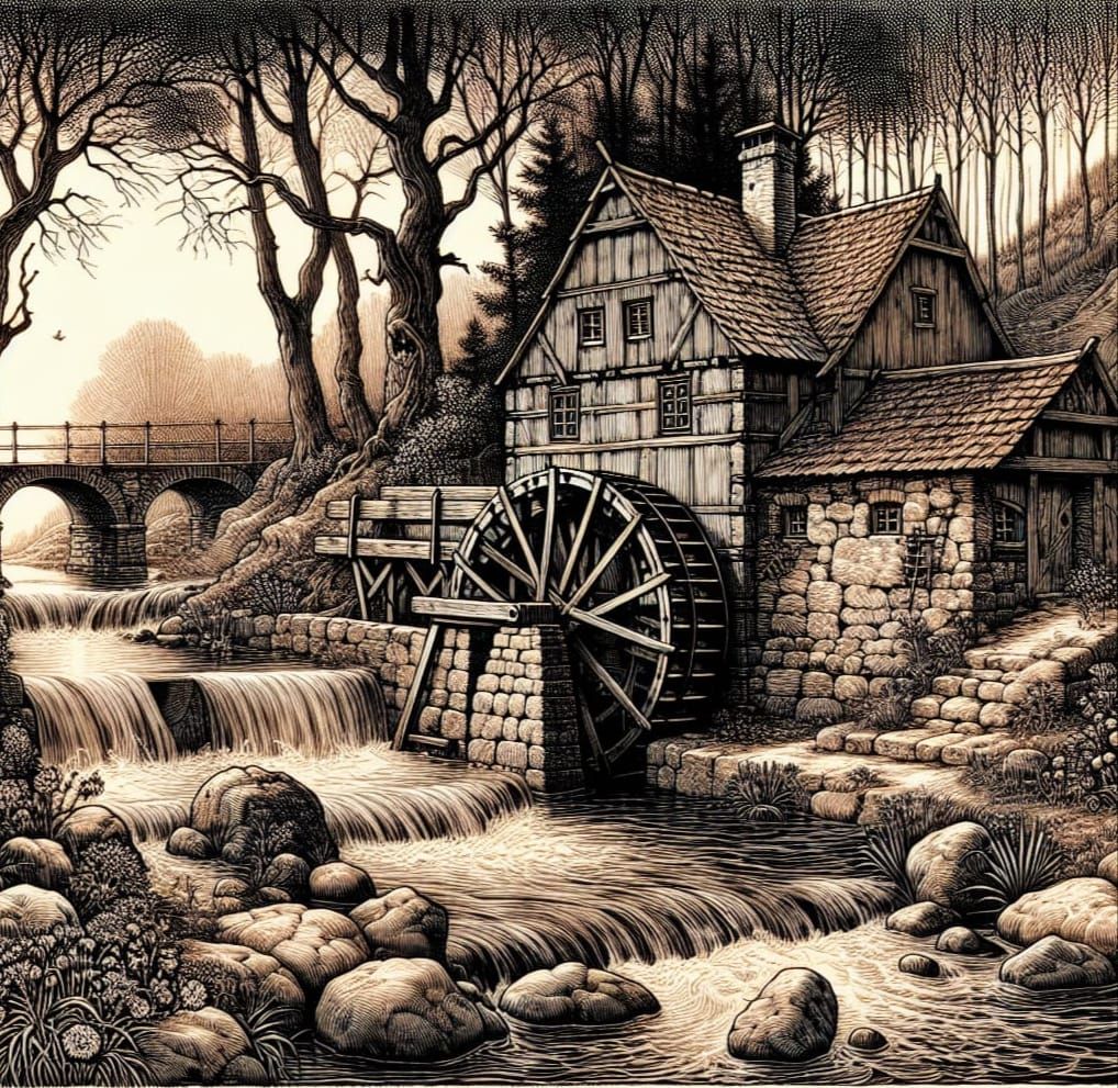 The old watermill at the river - Renaissance-Style Line Art ...