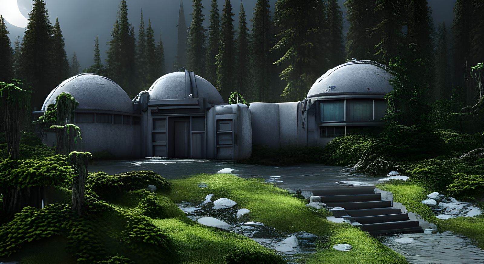Sci-Fi Outpost on a Forested Moon - far far away - AI Generated Artwork - NightCafe Creator