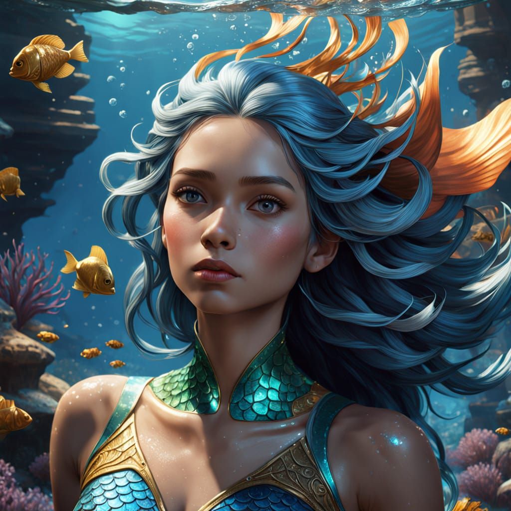 Glowing Mermaid with Robotic Fins in Vibrant Ocean... - AI Art